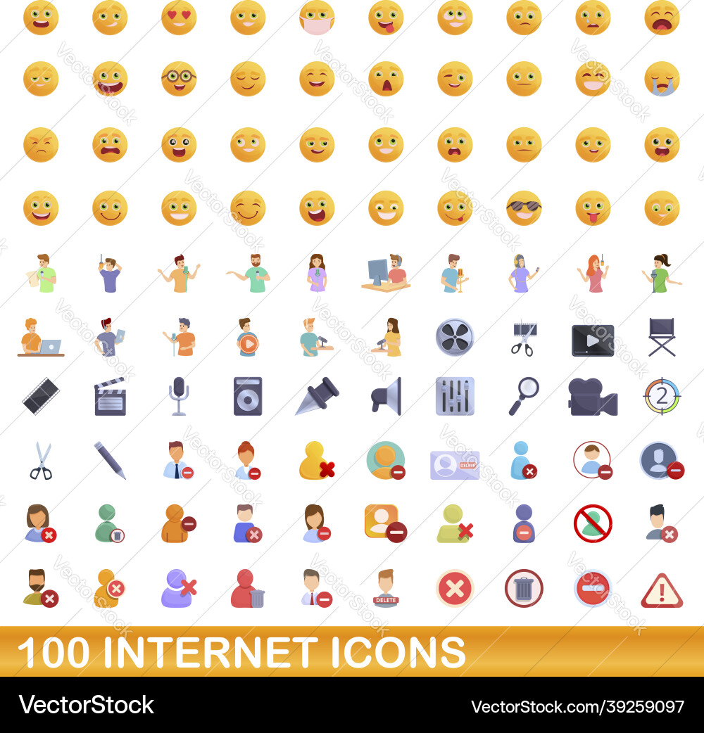 100 internet icons set cartoon style Royalty Free Vector