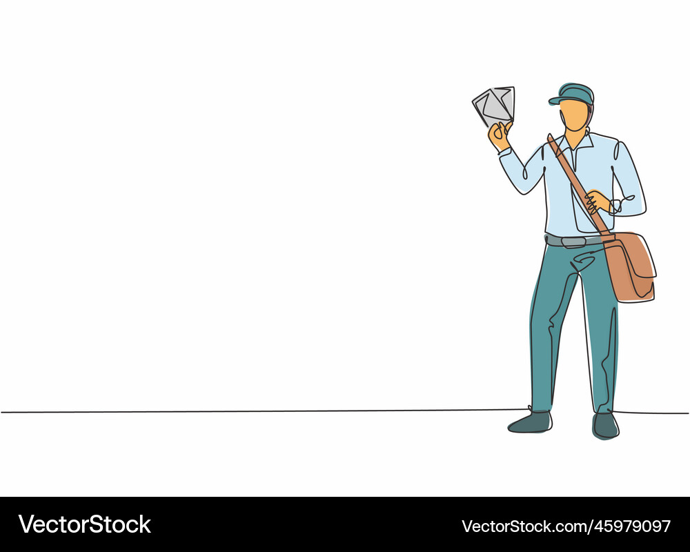 Continuous one line drawing of young mailman pose Vector Image