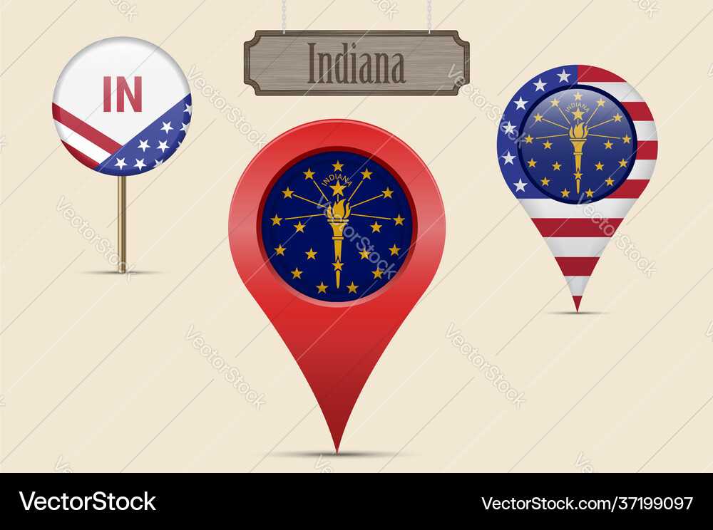 Indiana us state round flag map pin red Royalty Free Vector