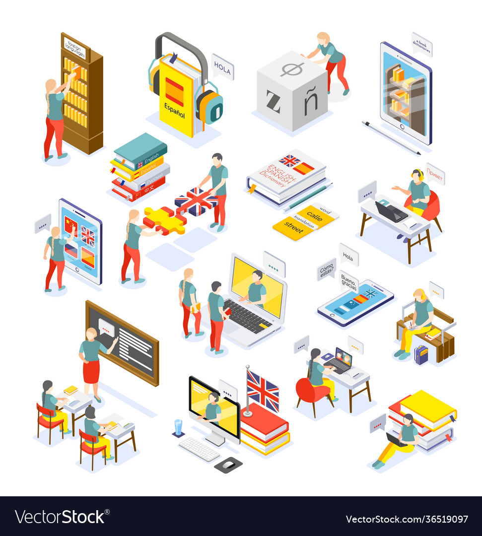 Language courses isometric set Royalty Free Vector Image