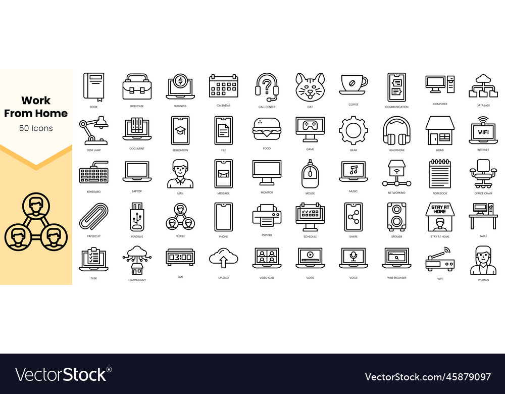 Simple outline set of work from home icons linear Vector Image