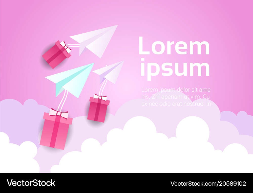 Paper plane in sky over pink clouds and gift boxes