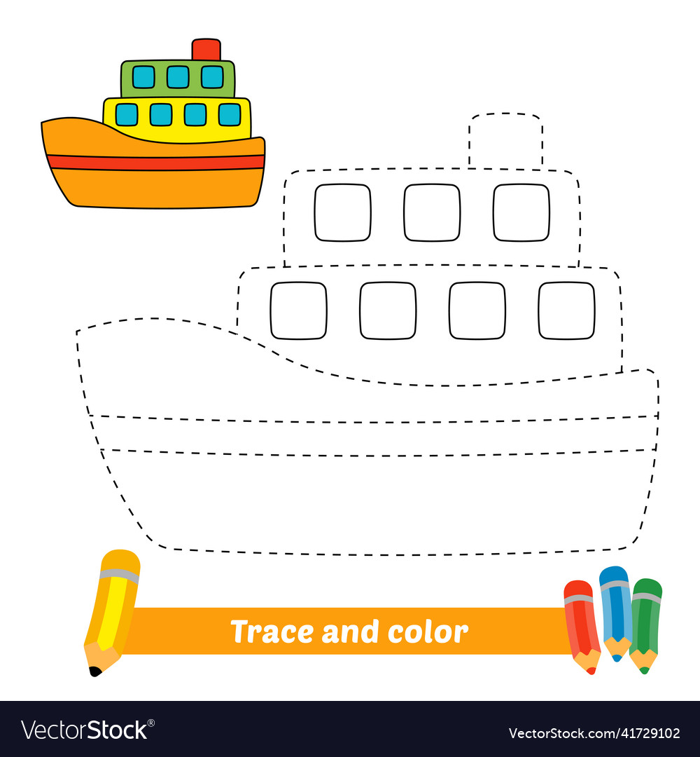 Trace and color for kids ship Royalty Free Vector Image