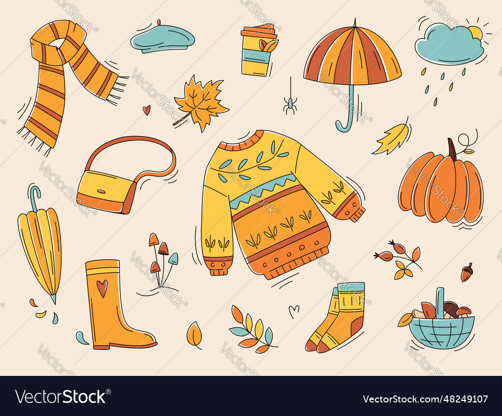 Autumn color doodles hand drawn set Royalty Free Vector