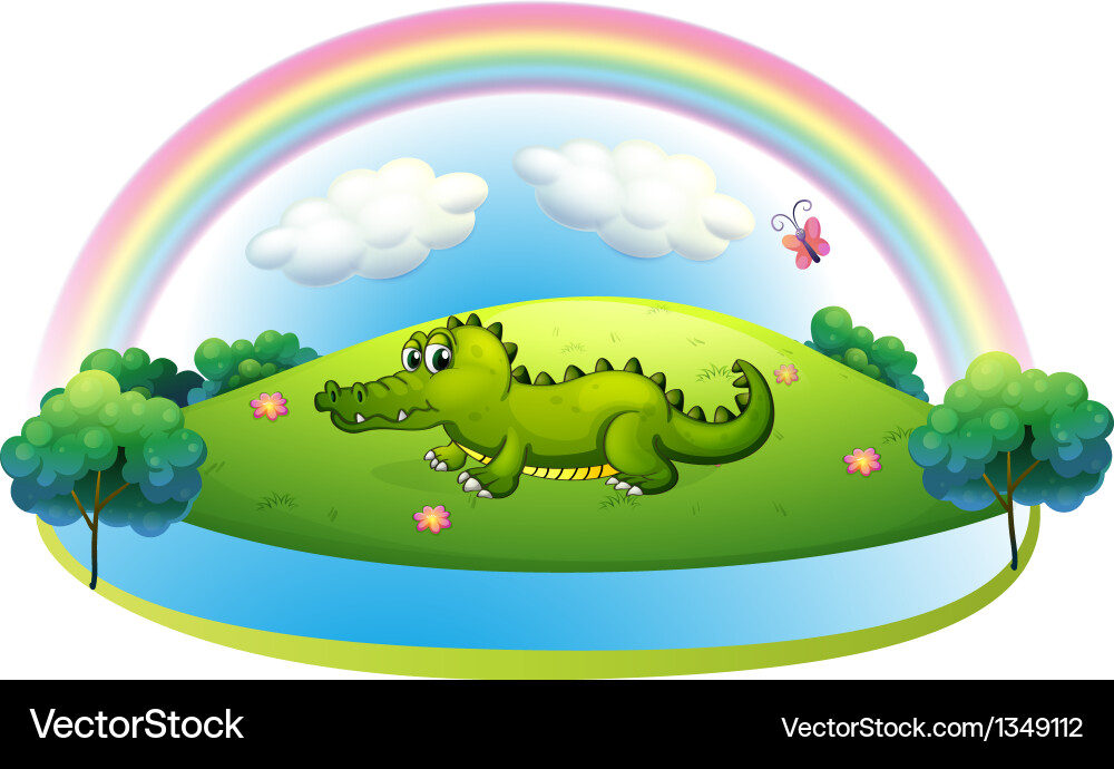 An alligator at the hill with a rainbow Royalty Free Vector