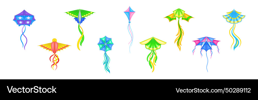 Colorful flying kite toy with tail set Royalty Free Vector