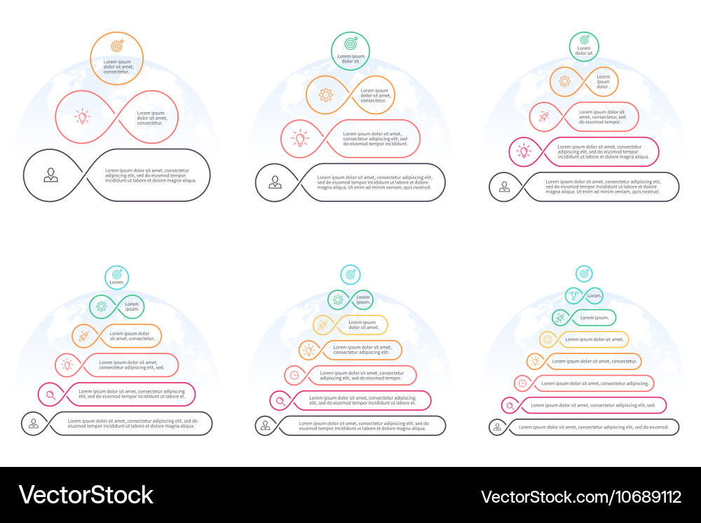 Outline pyramids with 3 - 8 steps levels Vector Image