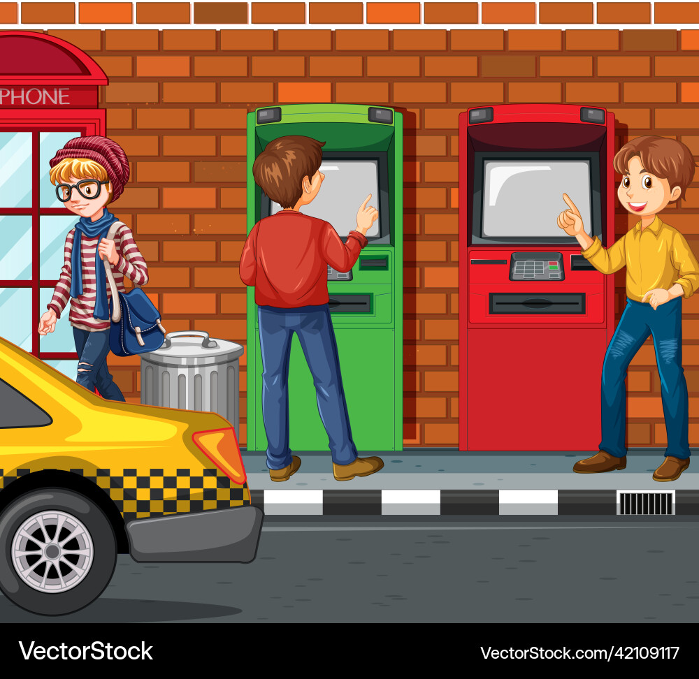 Atm machine street scene with people Royalty Free Vector