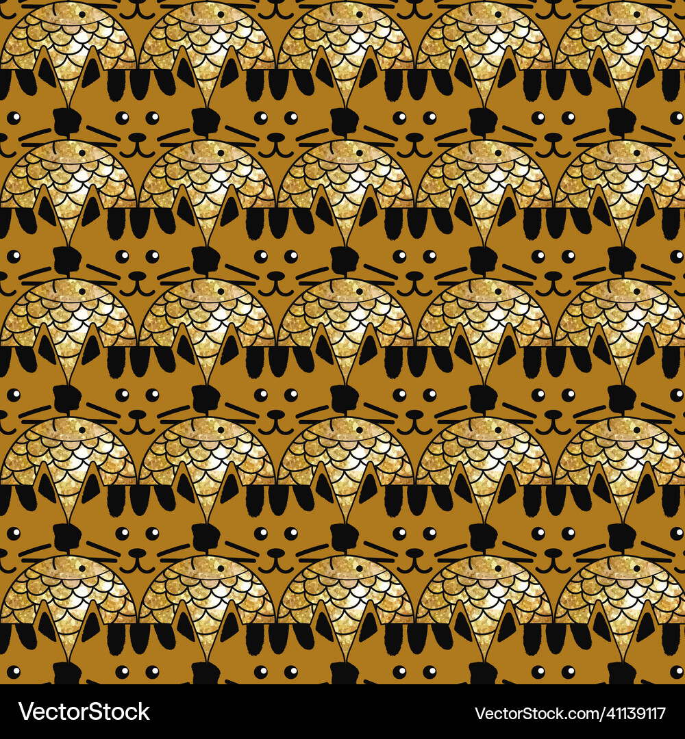 Cute cat heads with gold fish seamless pattern Vector Image