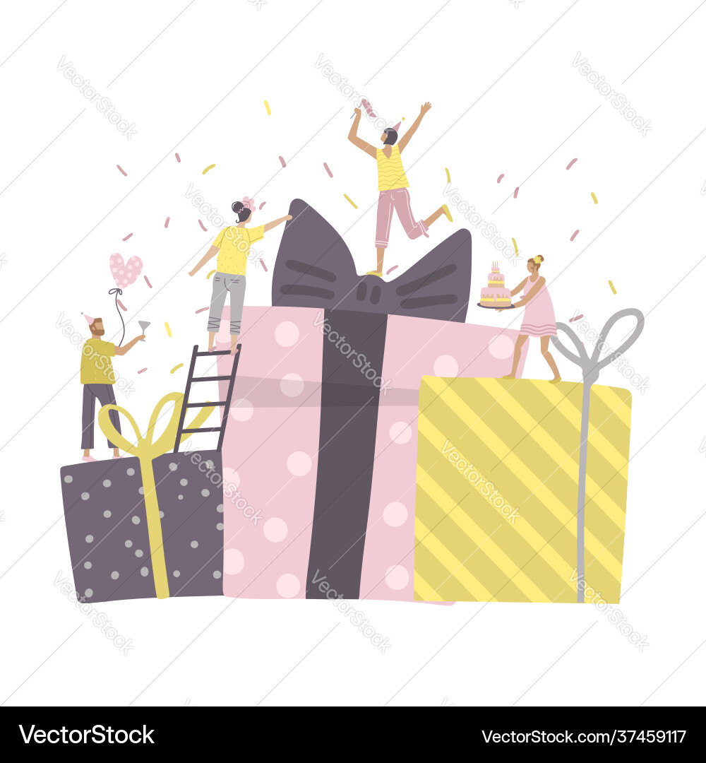 Happy small people dancing on pile big present Vector Image