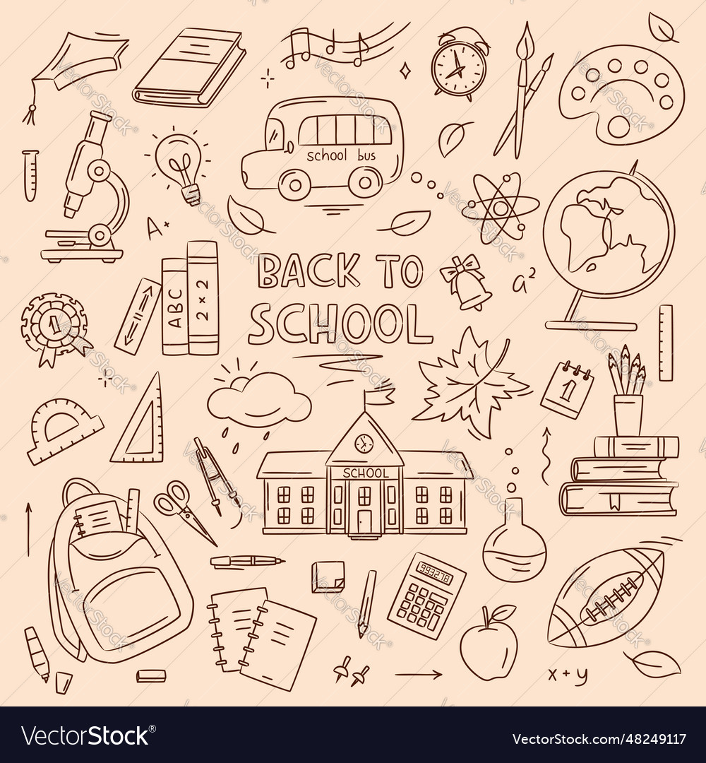School doodle color collection with school bus Vector Image