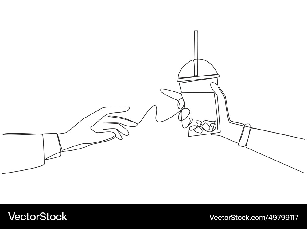 Single one line drawing hand giving boba drink Vector Image