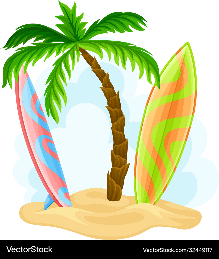 Surfboards for riding ocean waves rested on sand Vector Image