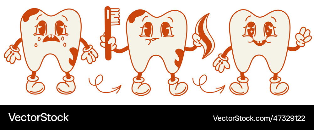 Cute tooth characters groovy styledentist concept Vector Image