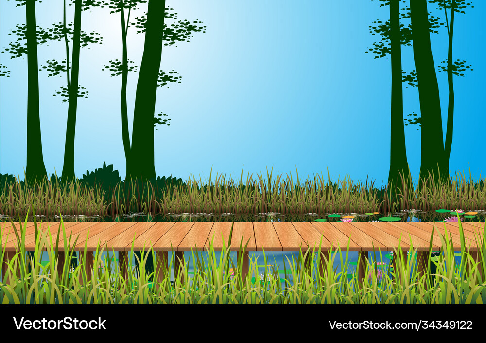 Landscape wooden bridge on river Royalty Free Vector Image
