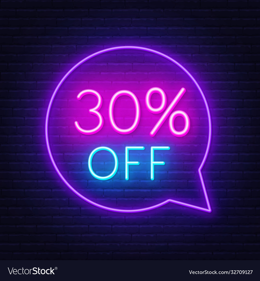 30 Percent Off Neon Sign On A Dark Background Vector Image