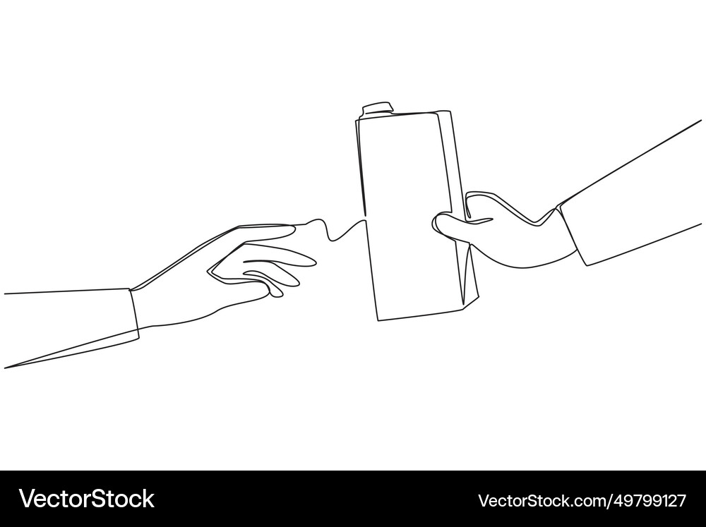 Single one line drawing hand giving tetra pack Vector Image