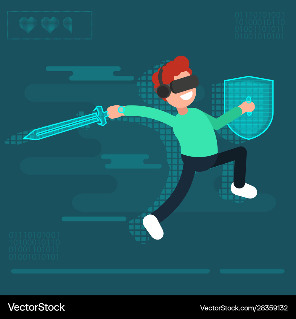 Boy with vr goggles play game flat cartoon Vector Image