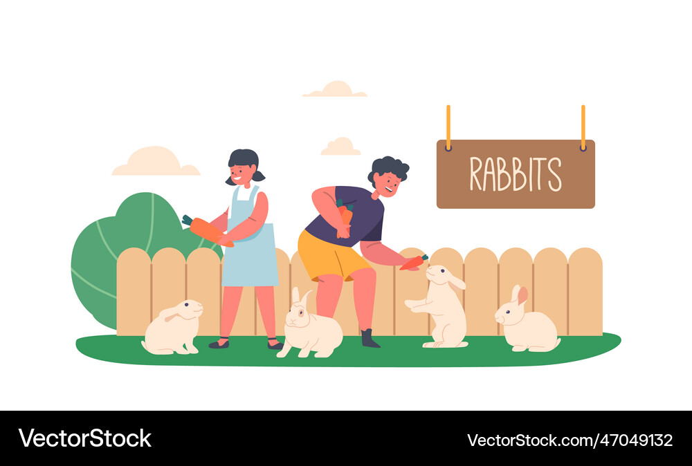 Children characters interact and play with rabbits