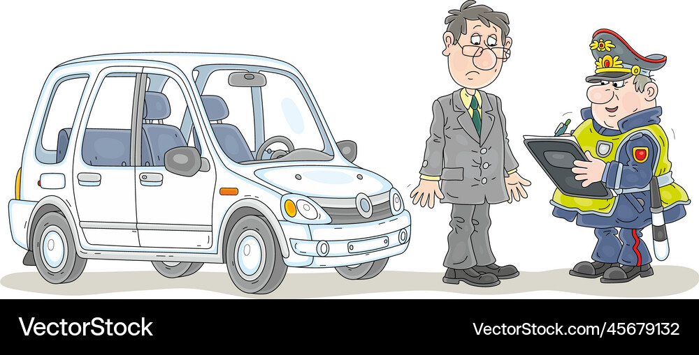 Funny traffic policeman making a fine to a driver Vector Image
