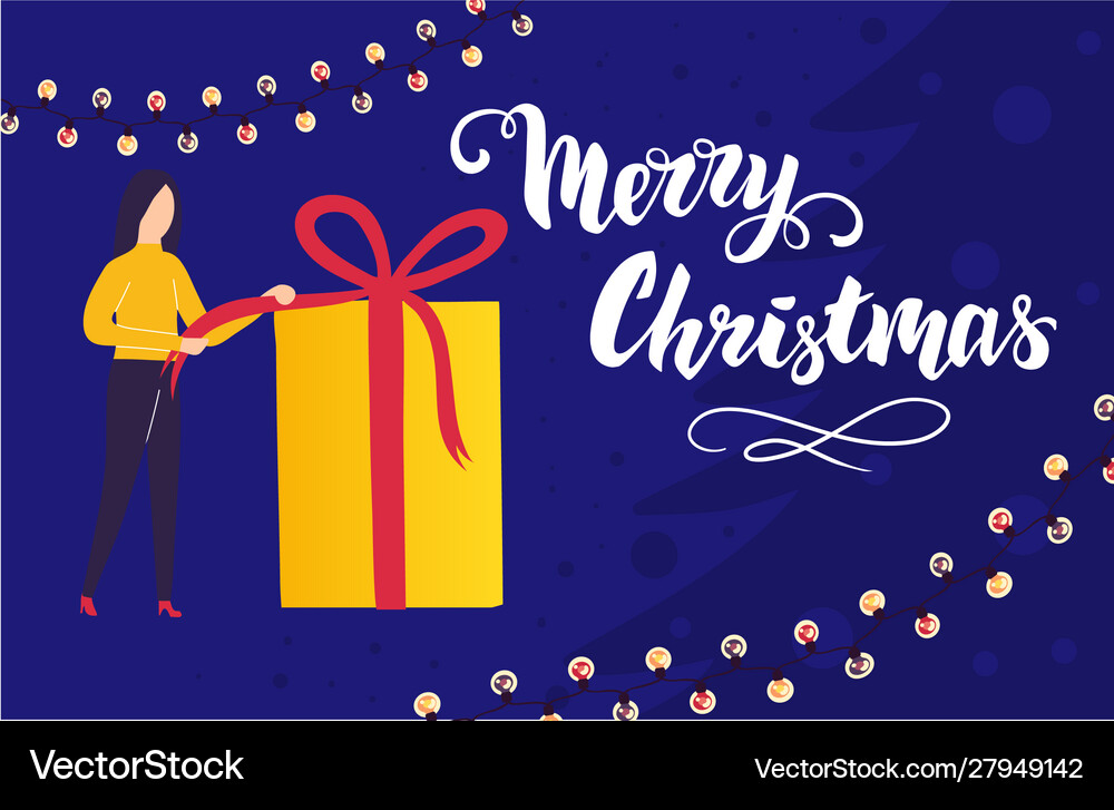 Girl opens a gift pulling ribbon to untie Vector Image