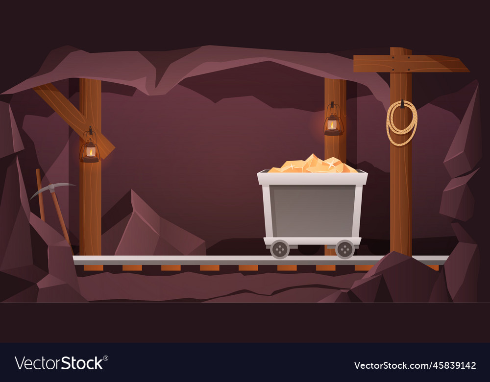 Gold mine tunnel trolley with nuggets in old Vector Image
