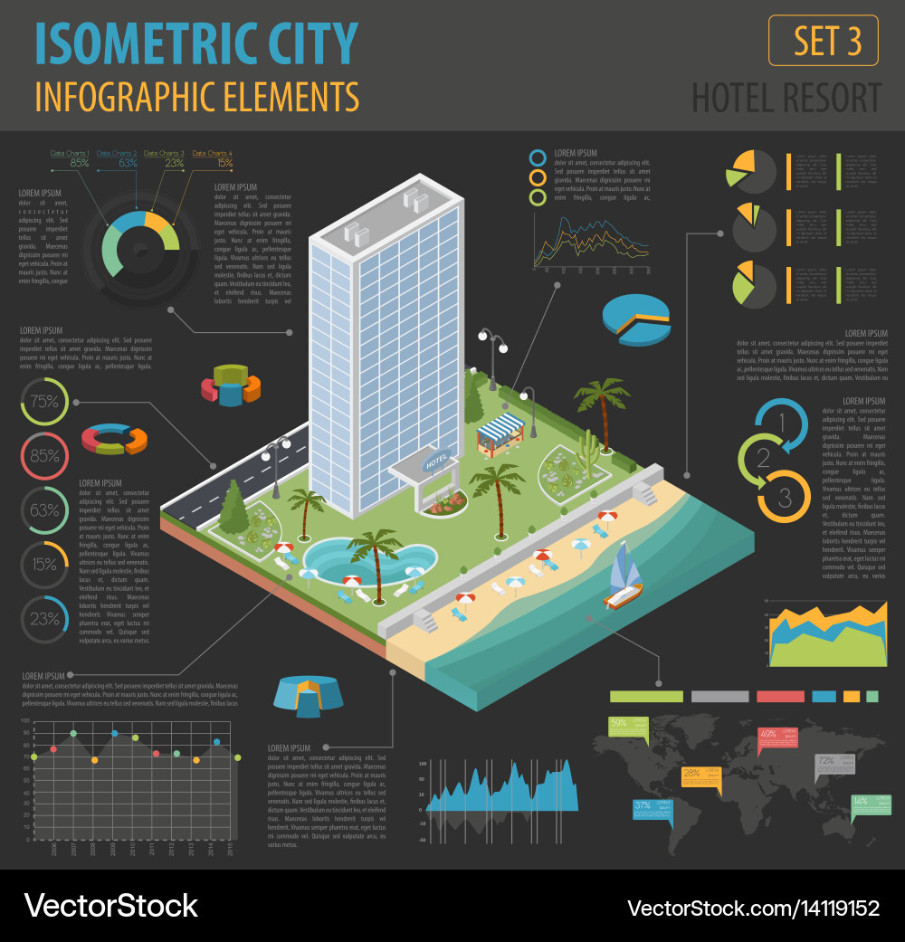 Flat 3d isometric resort hotel and city map Vector Image