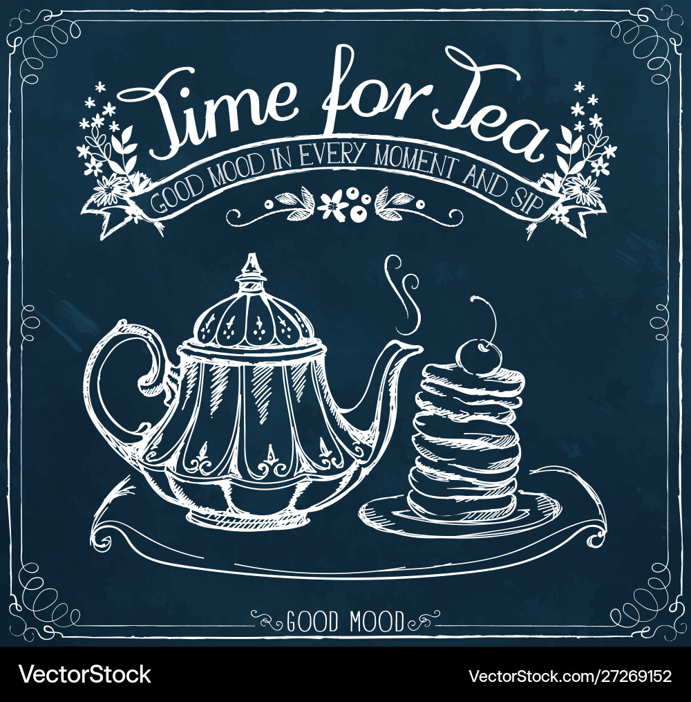 Retro poster time for tea with teapot and bakery Vector Image