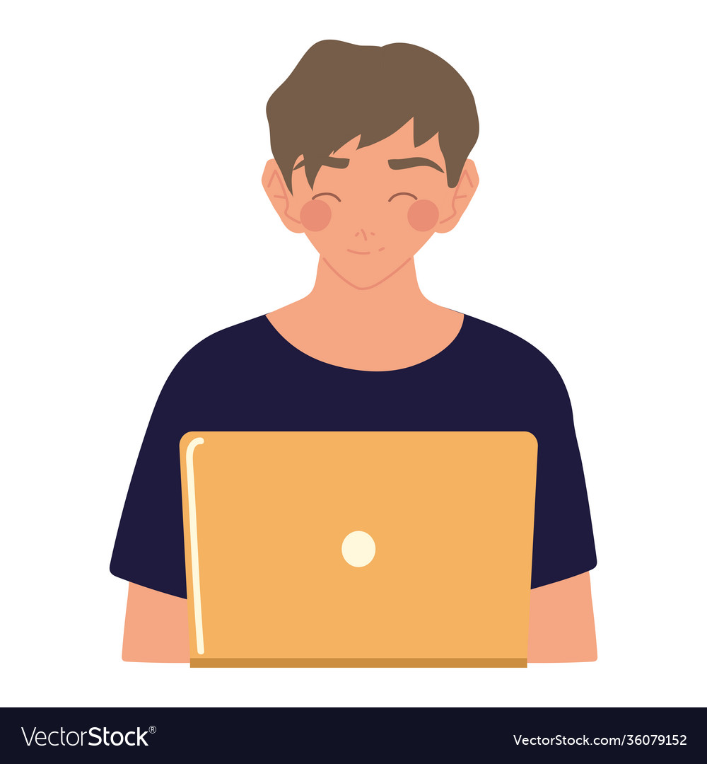 Young man using laptop working design Royalty Free Vector