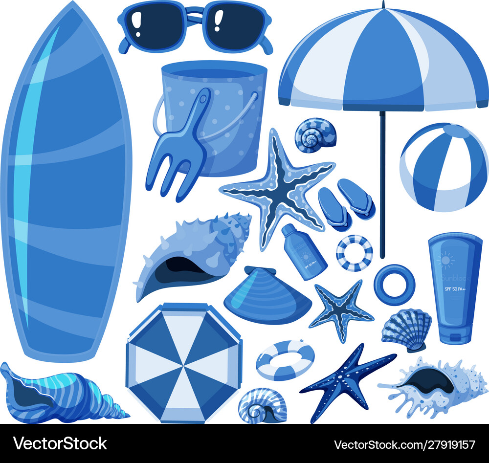 Isolated beach items set in blue color Royalty Free Vector