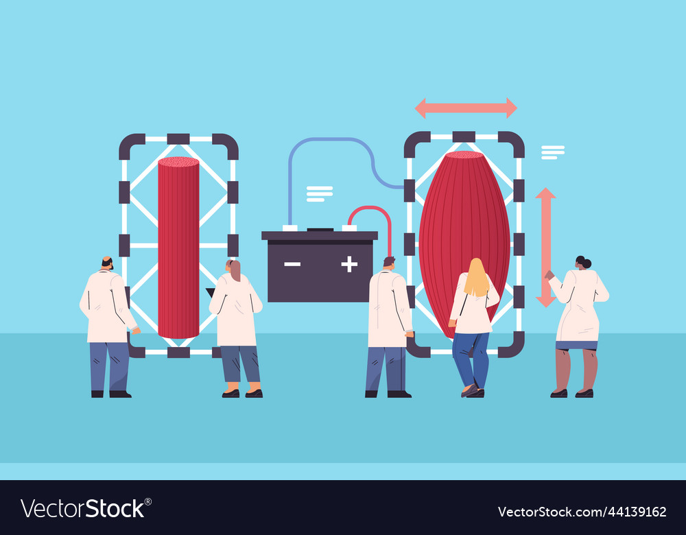 Scientists controlling cultured red raw meat made Vector Image Scientists controlling cultured red raw meat made Vector Image