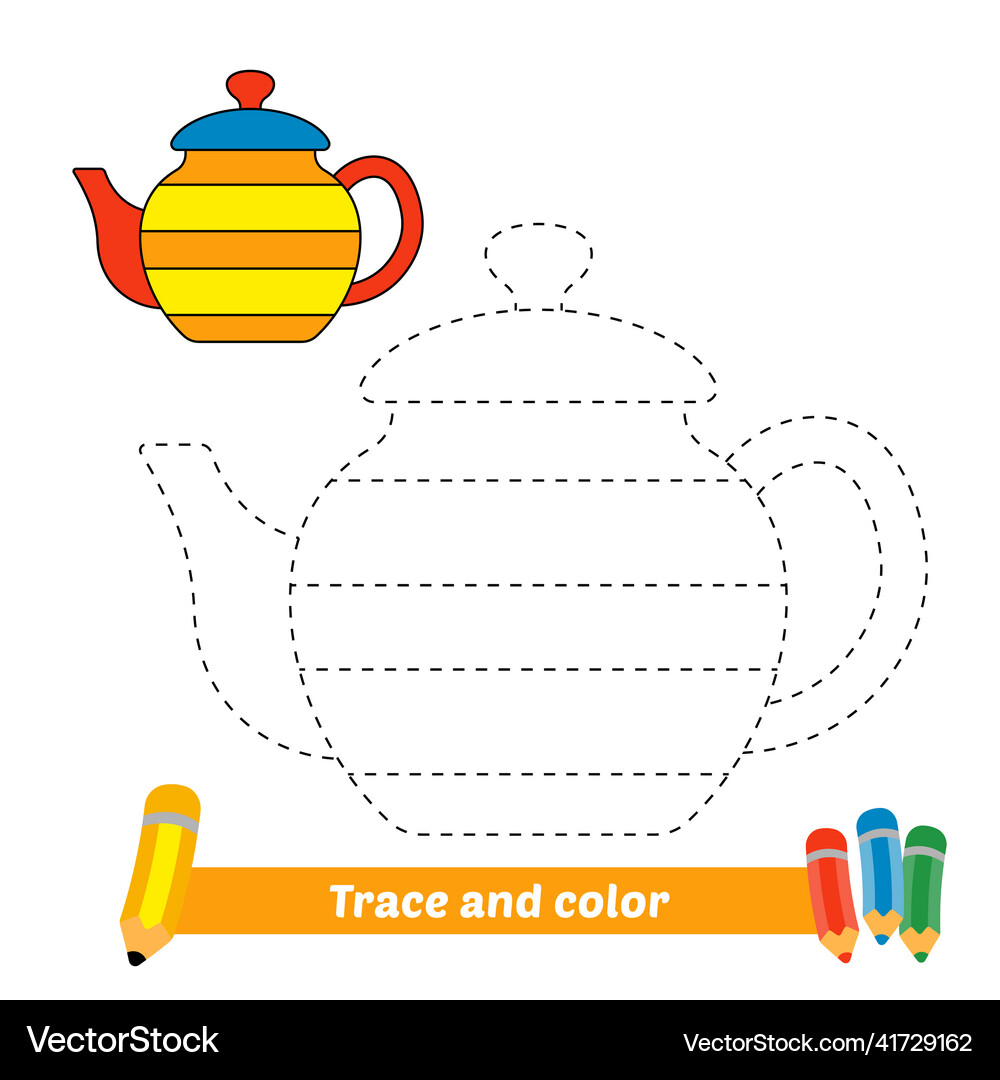 Trace and color for kids tea pot Royalty Free Vector Image