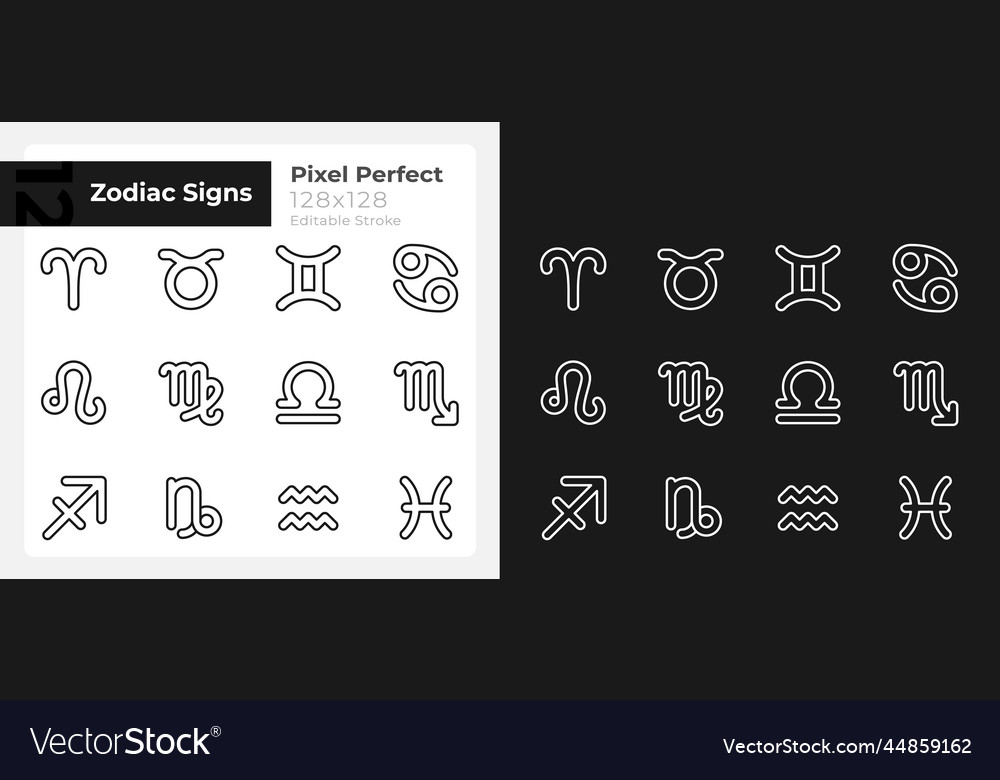 Zodiac signs pixel perfect linear icons set Vector Image