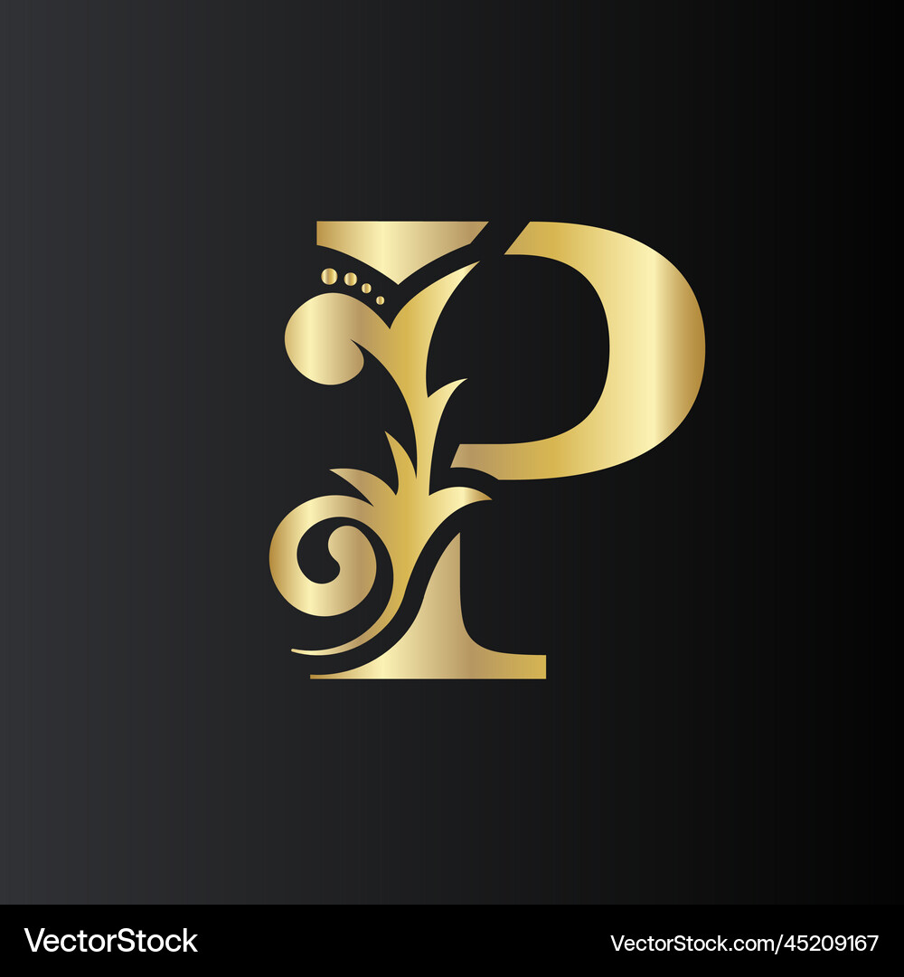 Golden initial letter p with simple floral leaves Vector Image