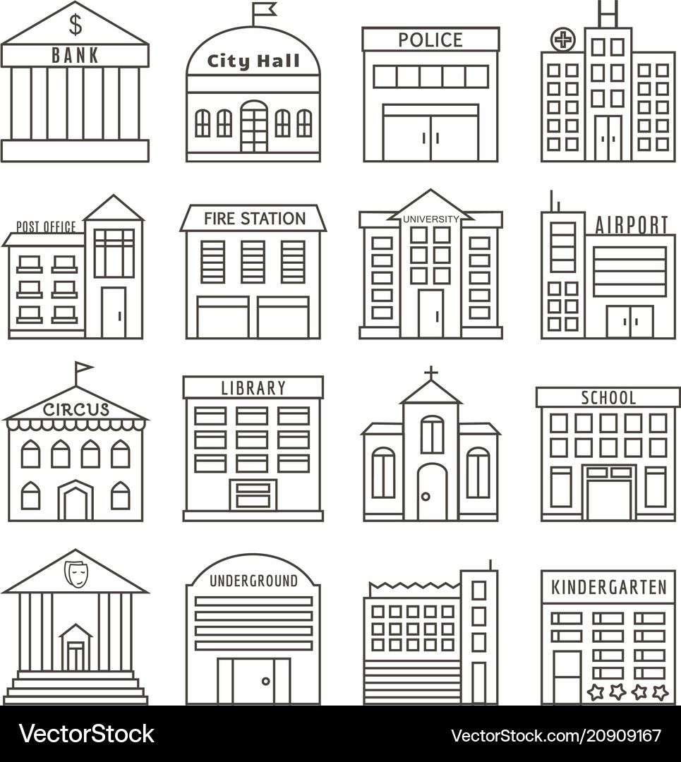 Set government buildings in line style Royalty Free Vector