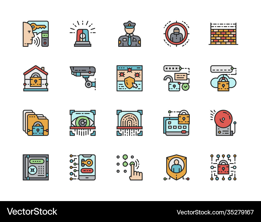 Set security color line icons police Royalty Free Vector