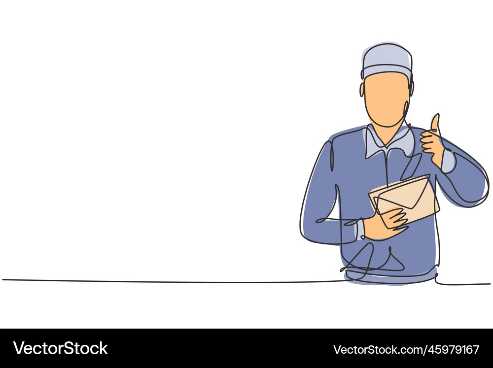 Single one line drawing of postman wearing a hat Vector Image