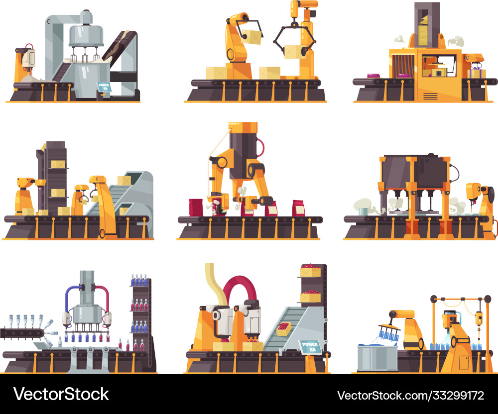 Automated robotic packing conveyor belt icon set Vector Image