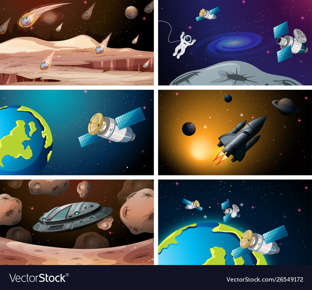 Set various space scenes Royalty Free Vector Image