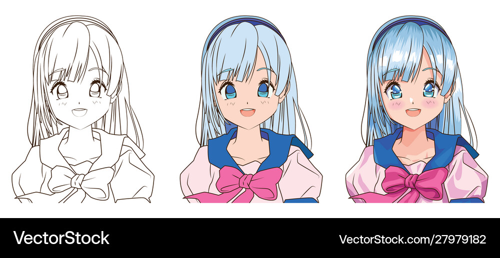 Drawing process young woman anime style Royalty Free Vector