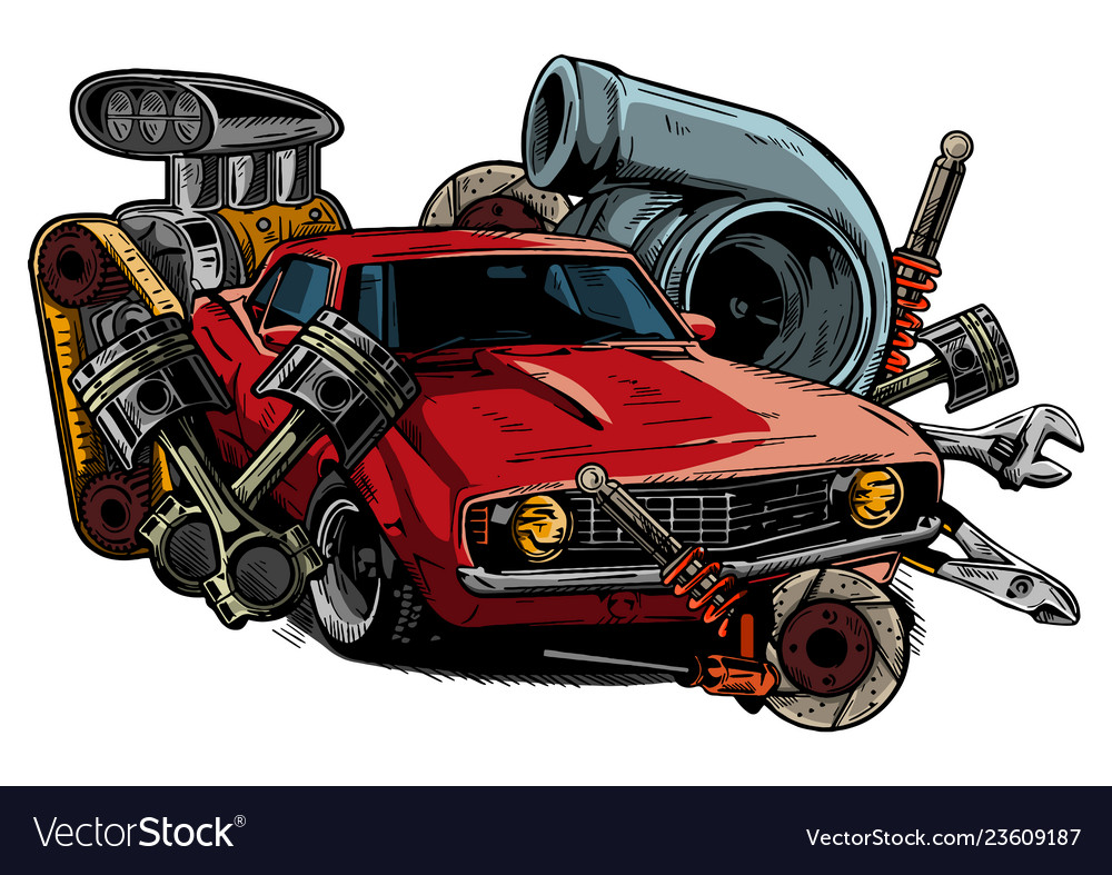 Car with tools and components Royalty Free Vector Image