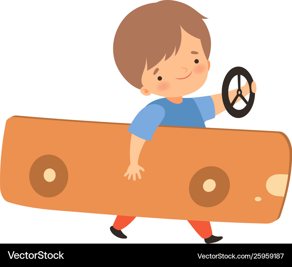 Cute creative boy character driving toy car made Vector Image