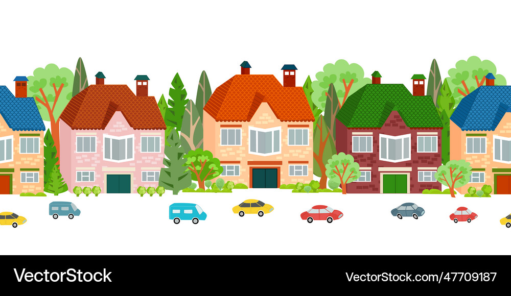 Isolated seamless border with village on white Vector Image