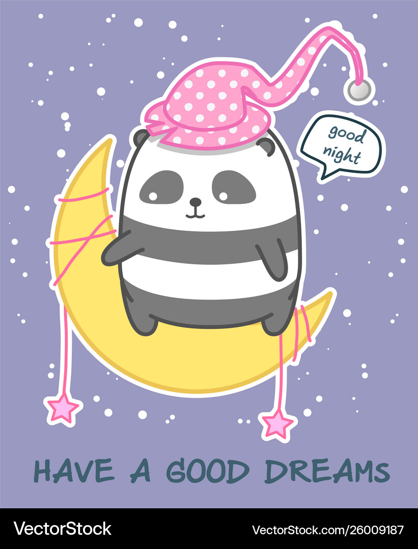 Kawaii panda on moon says good night Royalty Free Vector