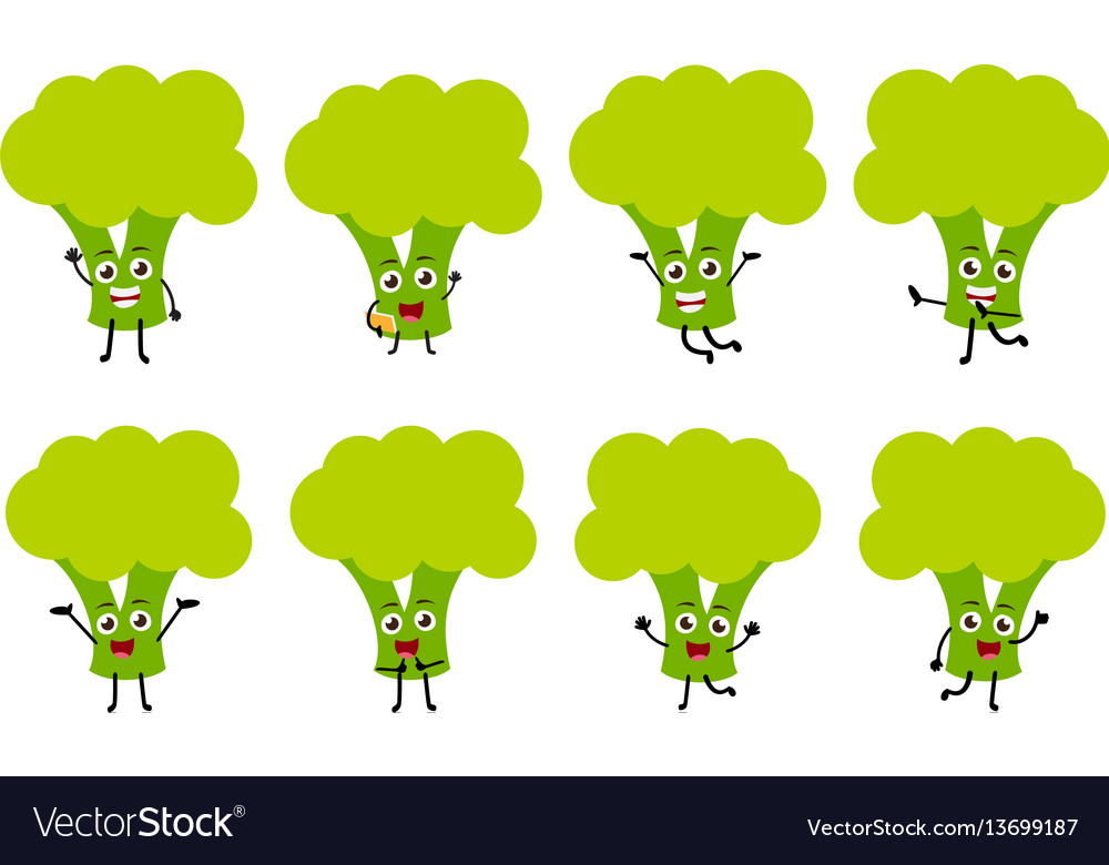 Set of funny broccoli vegetable cartoon character Vector Image