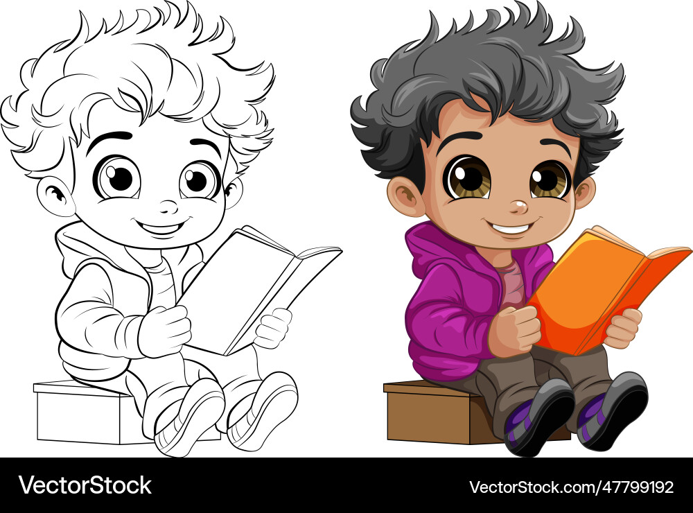Cute boy reading book outline for colouring Vector Image