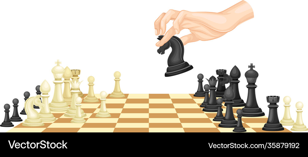 Hand moving piece on chessboard playing chess Vector Image