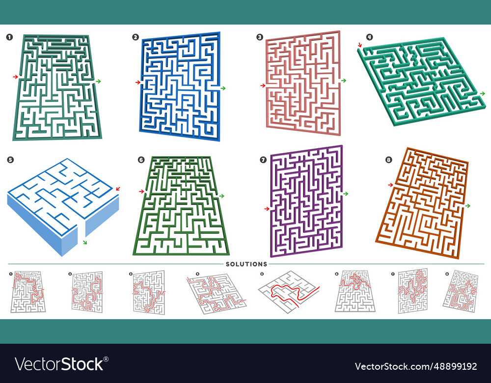 Maze puzzle activities graphs set with solutions Vector Image
