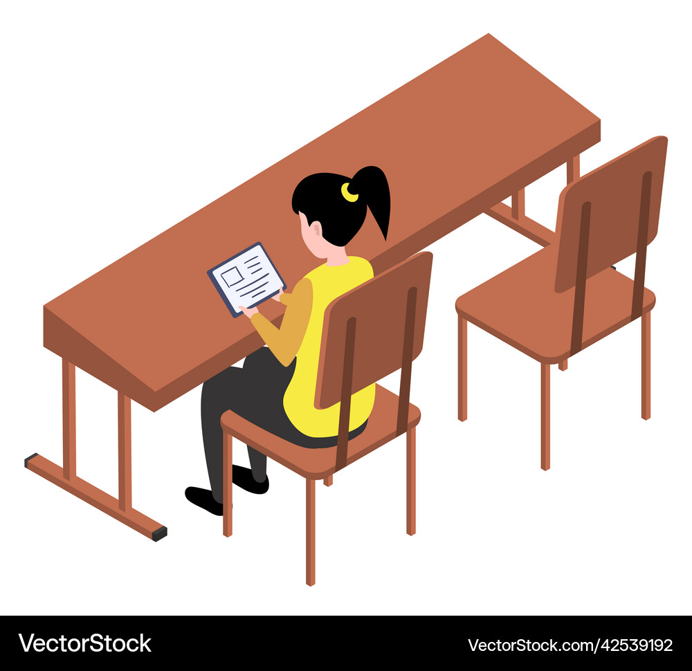 Student girl character in library reading book Vector Image