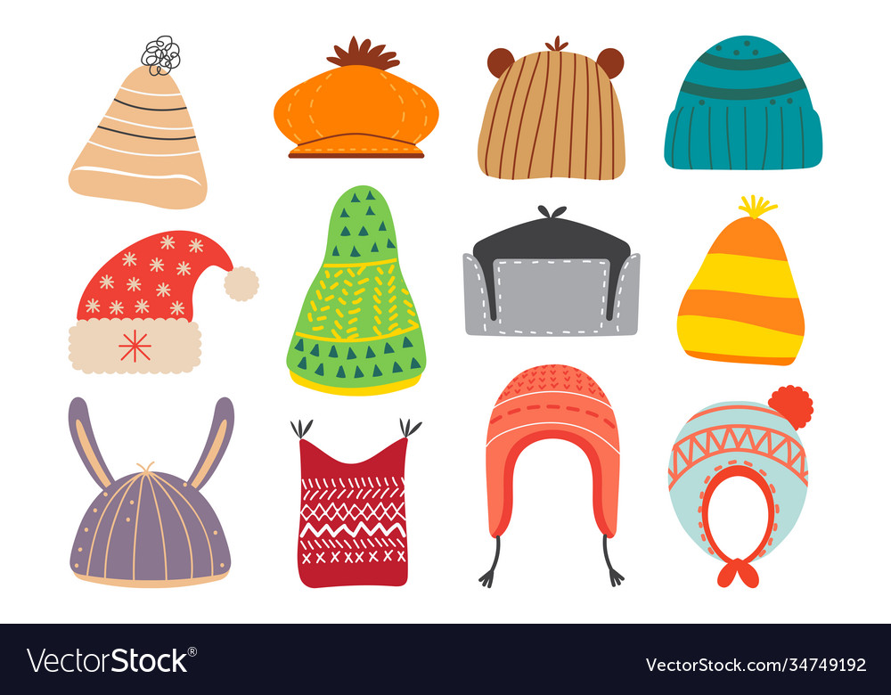 Winter hats doodle print set Royalty Free Vector Image